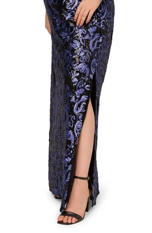 Adrianna Papell Sequin Embroidered Gown - Black/blue