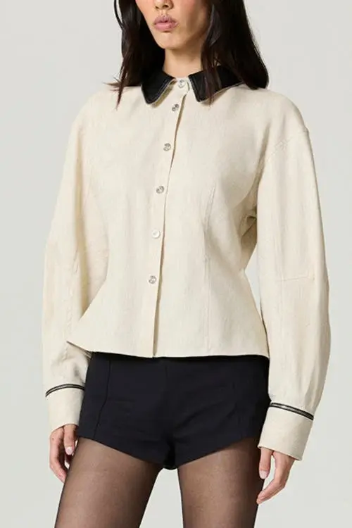 NOCTURNE Contrast Collar Balloon-sleeve Shirt