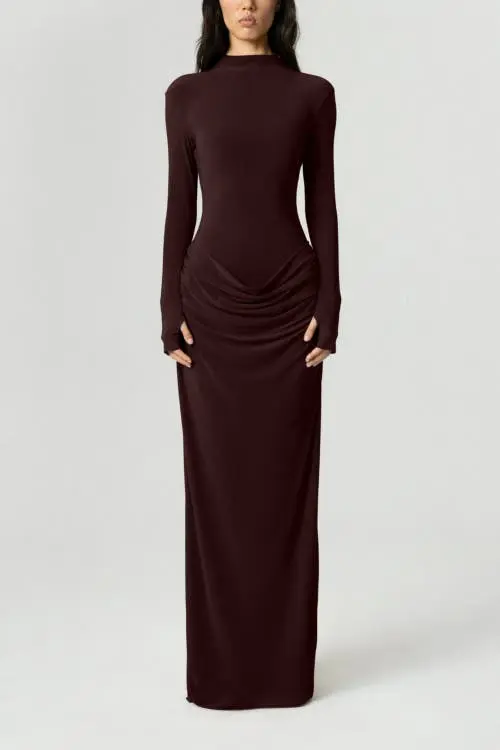 NOCTURNE High-neck Ruched Maxi Dress - Dark Brown