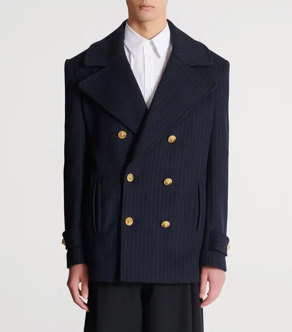 Balmain Merino Wool-blend Striped Pea Coat