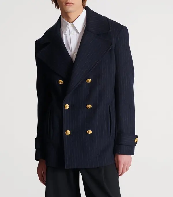 Balmain Merino Wool-blend Striped Pea Coat