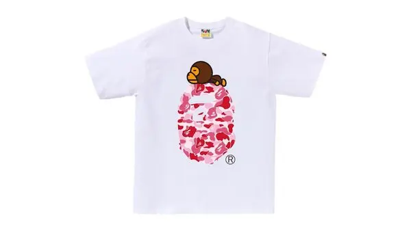 A BATHING APE Abc Camo Milo On Big Ape Tee Shirt - White/pink