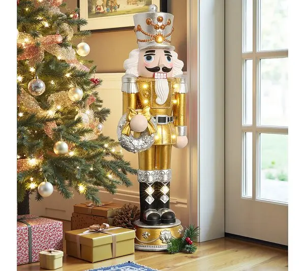 LUXEN HOME Luxenhome 4ft Lighted Gold Nutcracker With Silv Er Wreath - One-color