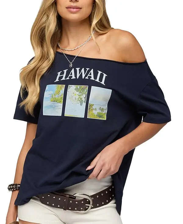 EDIKTED Off-shoulder T-shirt - Navy