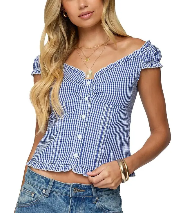 EDIKTED Dorothie Gingham Button-up Top