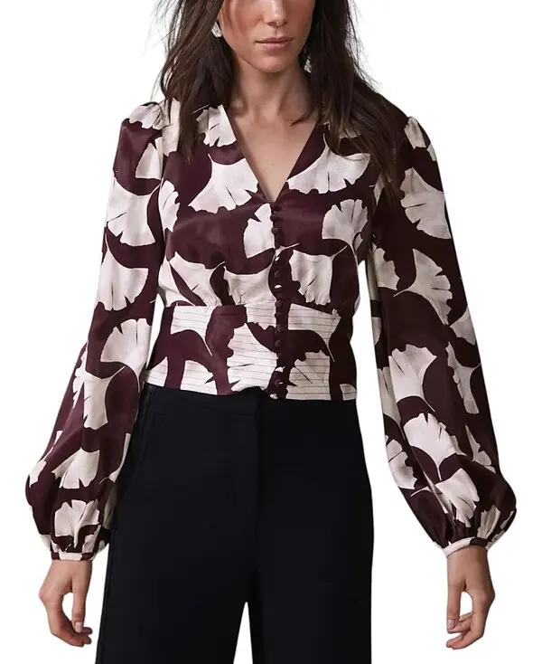 Mint Velvet Leaf Print Cropped Top - Burgundy