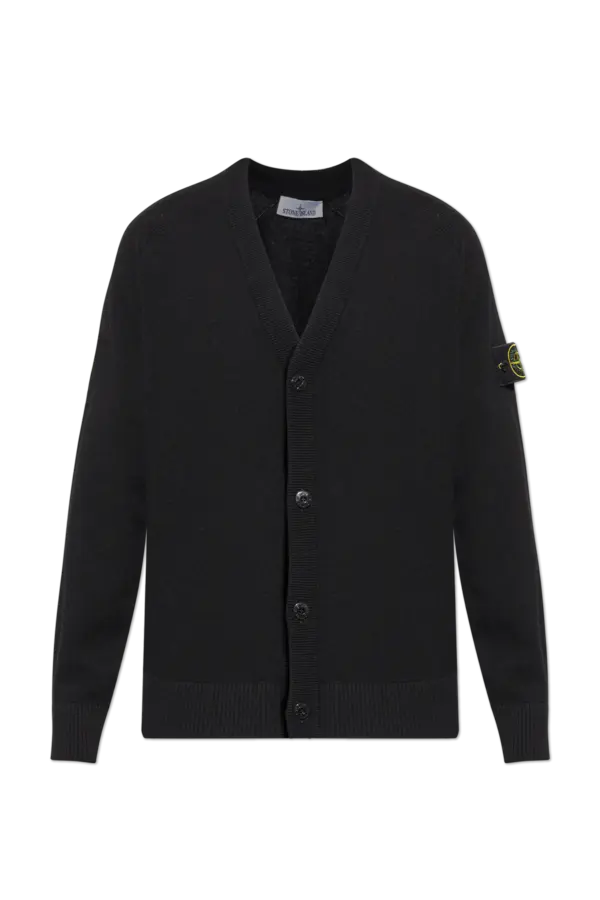 Stone Island Wool Cardigan With Logo Patch - Black