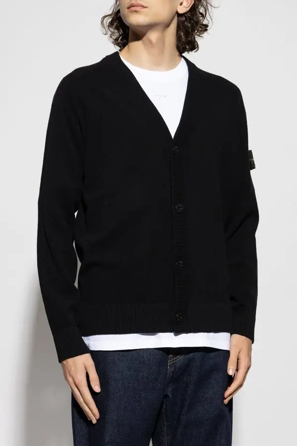 Stone Island Wool Cardigan With Logo Patch - Black