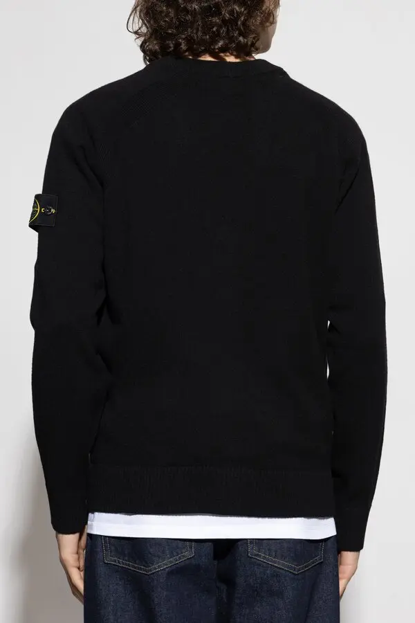 Stone Island Wool Cardigan With Logo Patch - Black
