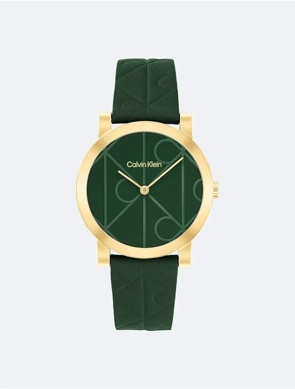 Calvin Klein Allover Emblem Dial Leather Strap Watch - Green