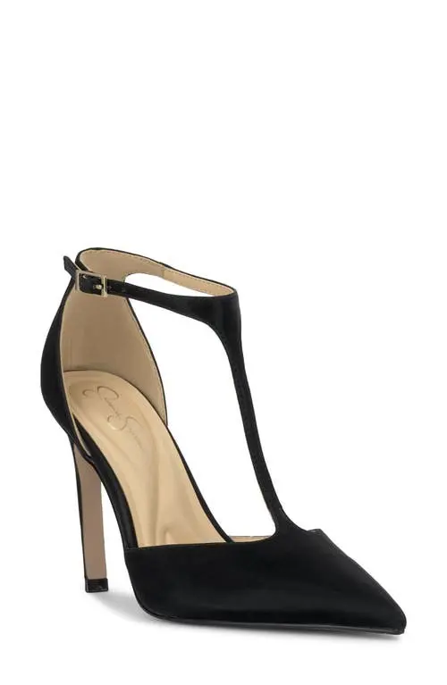 Jessica Simpson Willna T-strap Pointed Toe Pumps - Black Satnll
