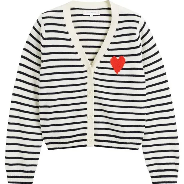 Chinti & Parker Wool Cashmere Heart Breton Cardigan - Cream/navy
