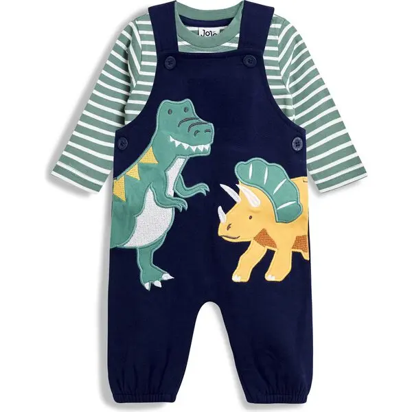 JOJO MAMAN BEBE Stripe T-shirt & Dinosaur Appliqué Overalls Set - Navy
