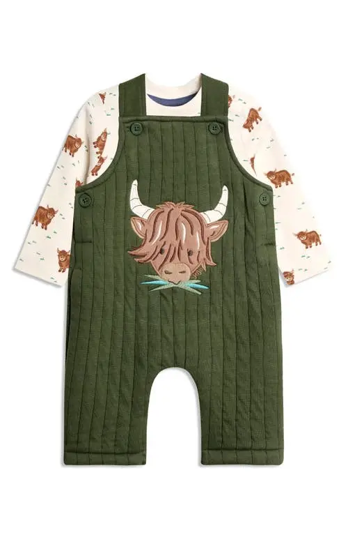 JOJO MAMAN BEBE Highland Cow Print T-shirt & Appliqué Overalls Set - Khaki