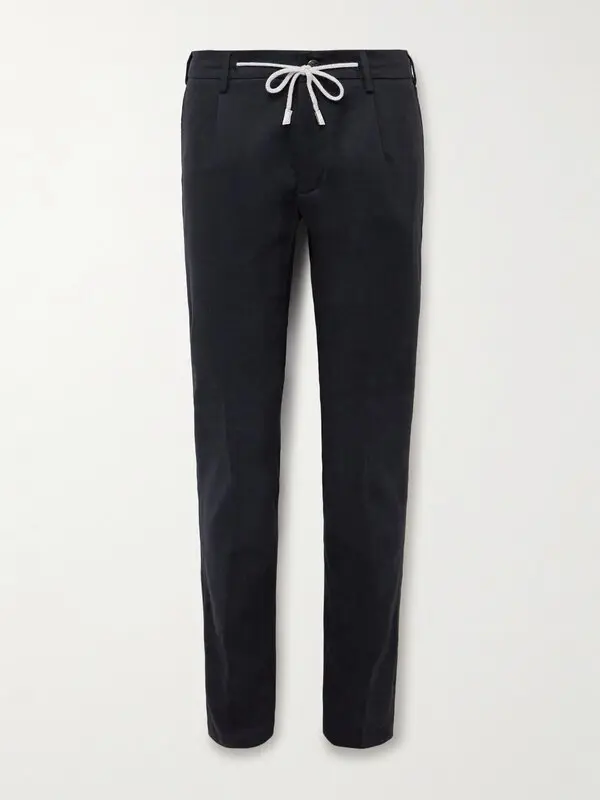 Eleventy Slim-fit Pleated Cotton-blend Twill Trousers - Blue
