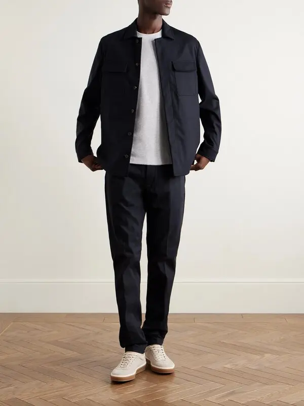 Eleventy Slim-fit Pleated Cotton-blend Twill Trousers - Blue