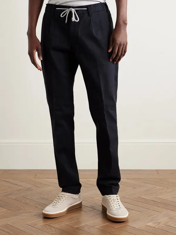 Eleventy Slim-fit Pleated Cotton-blend Twill Trousers - Blue