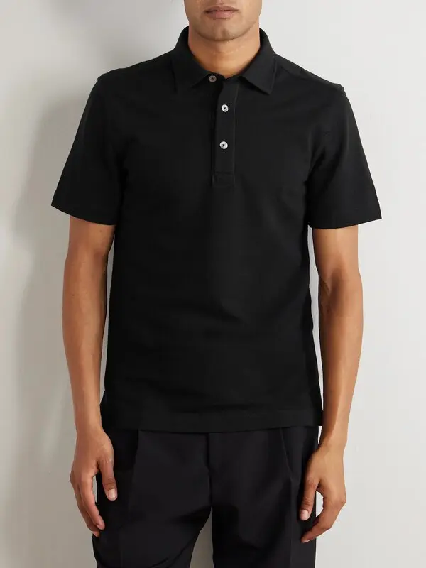 Zegna Leather-trimmed Cotton-piqué Polo Shirt - Black