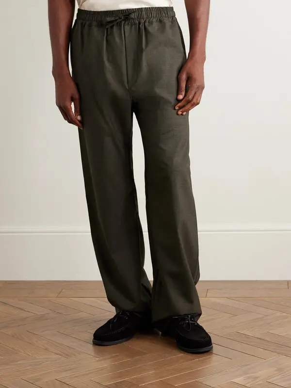 SAMAN AMEL Straight-leg Wool Drawstring Trousers - Brown