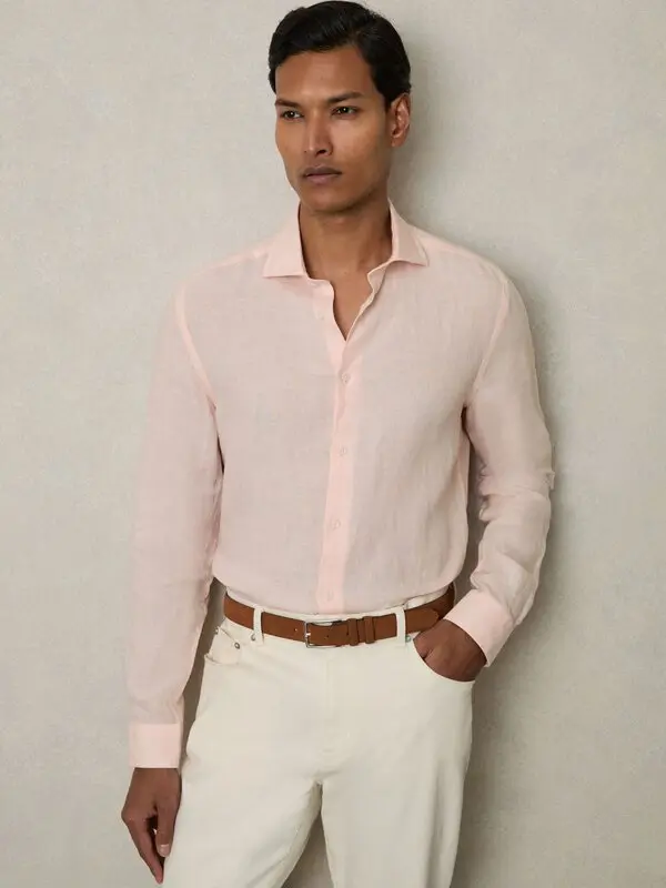REISS Ruban Linen Button-through Shirt - Prep Pink