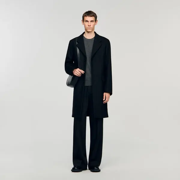Sandro Wool Broadcloth Coat With Lapel Collar - Black