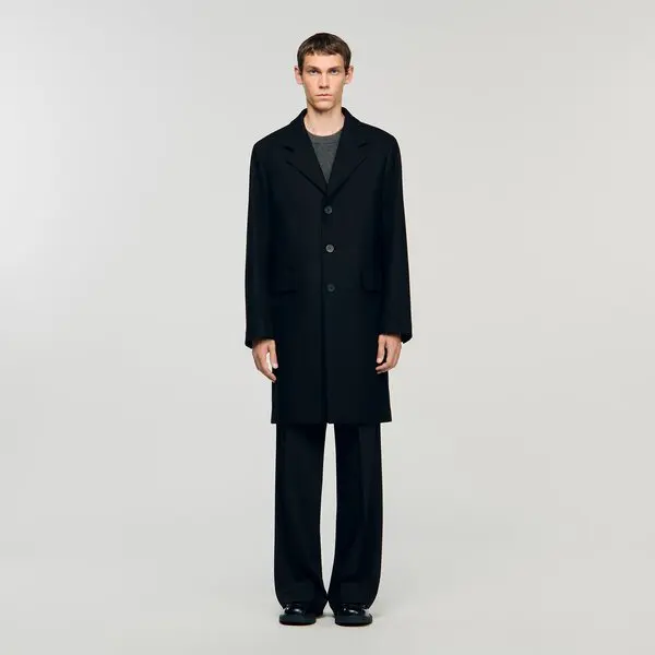 Sandro Wool Broadcloth Coat With Lapel Collar - Black