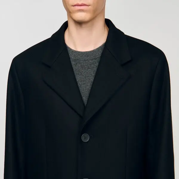 Sandro Wool Broadcloth Coat With Lapel Collar - Black