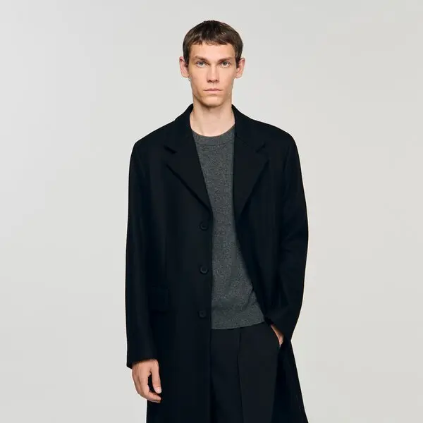 Sandro Wool Broadcloth Coat With Lapel Collar - Black