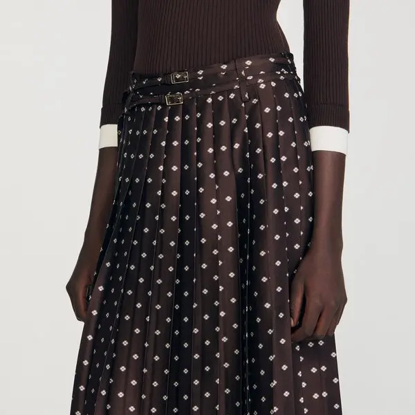 Sandro Scarf Print Pleated Midi Skirt - Brown / White