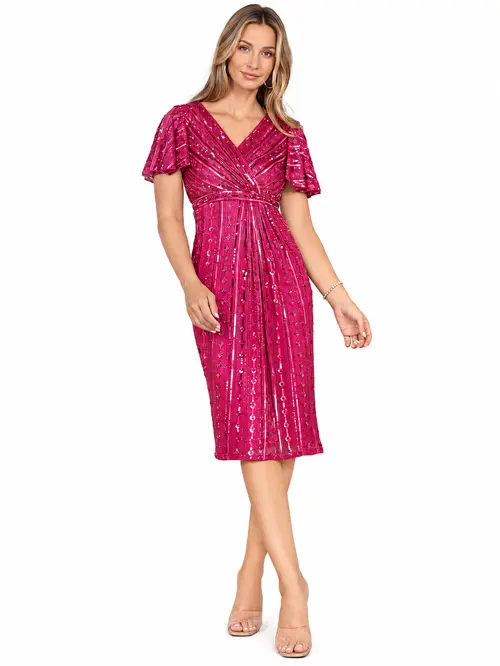 LARA NEW YORK Beaded Flutter-sleeve Midi Dress - Berry