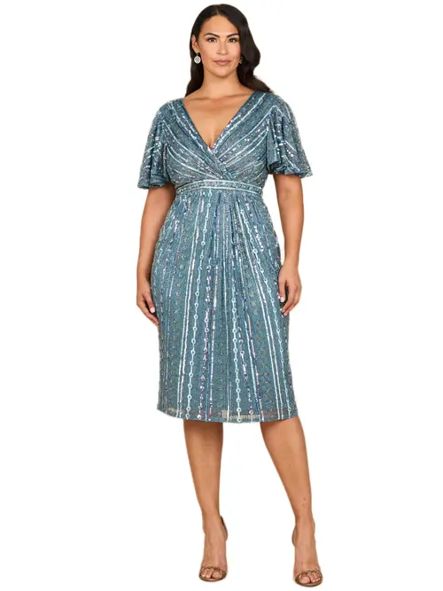 LARA NEW YORK Beaded Flutter-sleeve Midi Dress - Slate