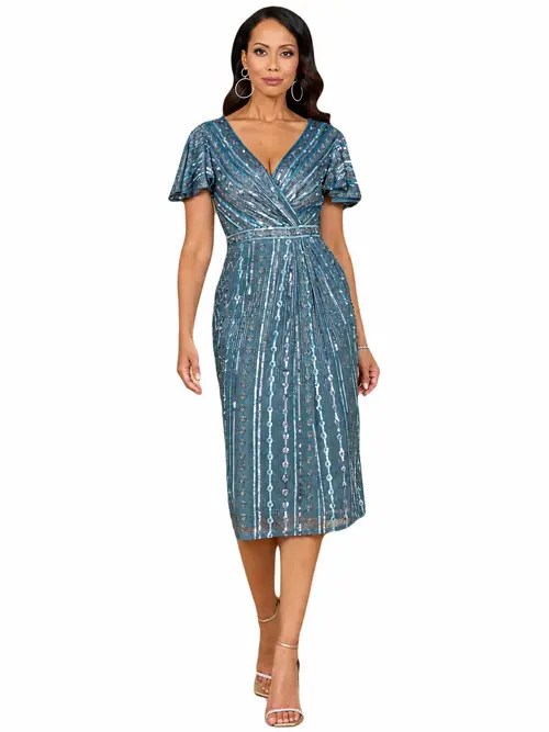 LARA NEW YORK Beaded Flutter-sleeve Midi Dress - Slate