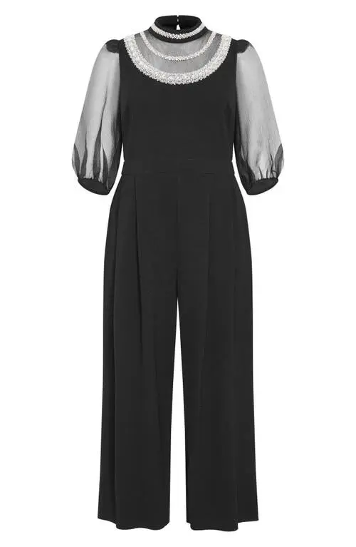 City Chic Embellished Sheer Panel Jumpsuit