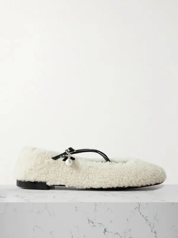 JIMMY CHOO Eleri Embellished Shearling Ballet Flats - Neutrals