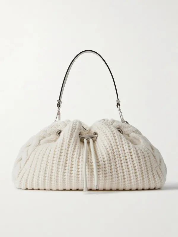 JIMMY CHOO Bon Bon Leather-trimmed Cable-knit Wool Shoulder Bag - Neutrals