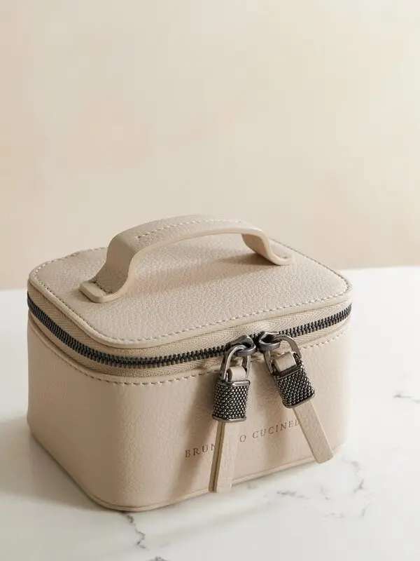 Brunello Cucinelli Bead-embellished Textured-leather Cosmetics Case