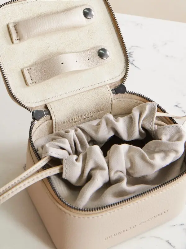 Brunello Cucinelli Bead-embellished Textured-leather Cosmetics Case