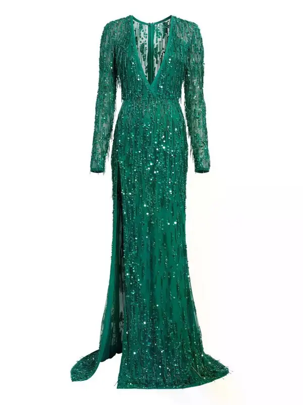 green emerald velvet dress Bead Embroidered Long Dress – ELIE SAAB main image 0