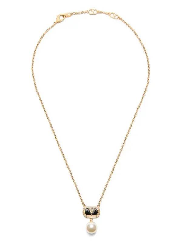 Valentino Garavani Bijoux Necklace With Pearl Pendant - Oro/nero/crystal/cream