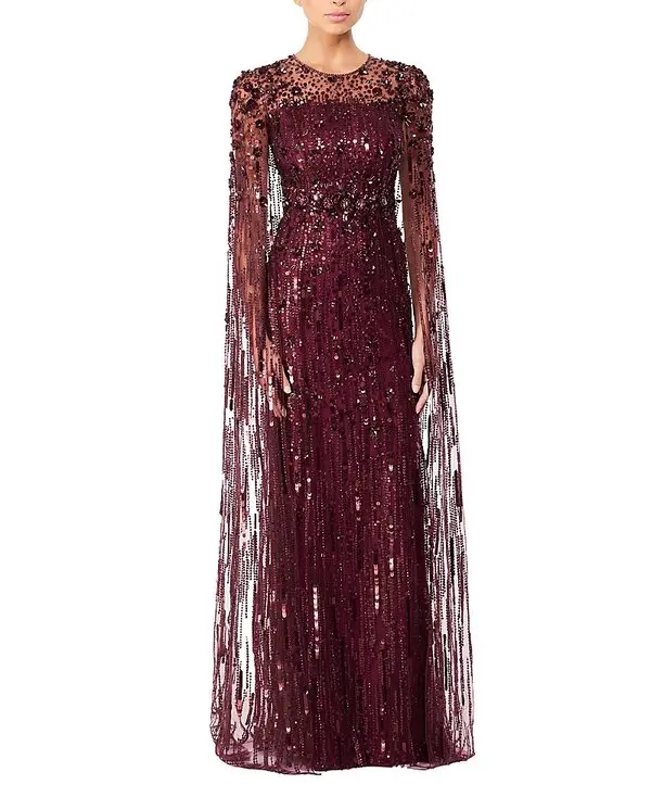 Jenny Packham Embellished Cape Maxi Dress - Cardinal