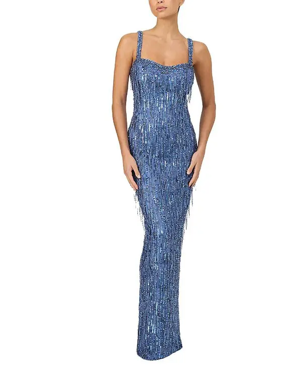 Jenny Packham Embellished Fringe Maxi Gown - Denim