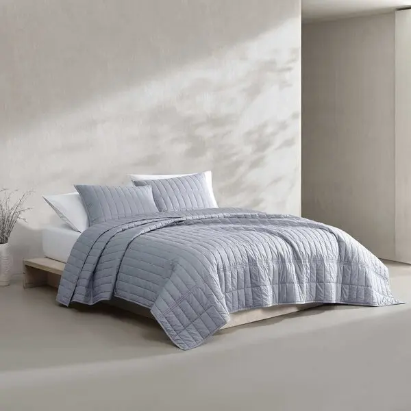 Calvin Klein Washed Percale Solid 3 Piece Quilt Set, Twin - Grey