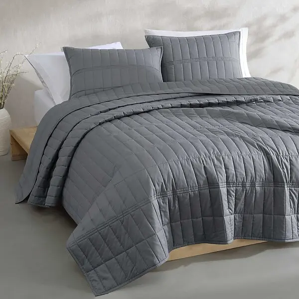 Calvin Klein Washed Percale Solid 3 Piece Quilt Set, Queen - Dark Grey