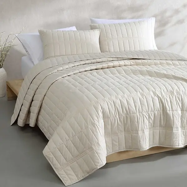 Calvin Klein Washed Percale Solid 3 Piece Quilt Set, Queen - Light Beige