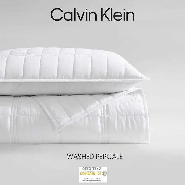 Calvin Klein Washed Percale Solid 3 Piece Quilt Set, King - White