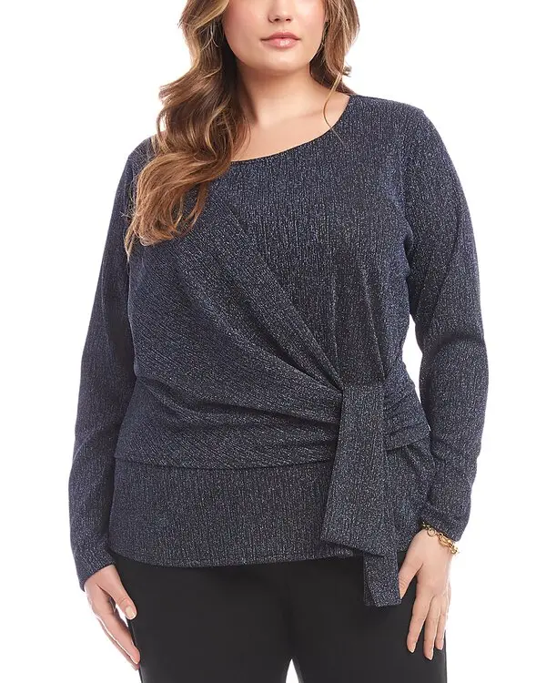 Karen Kane Long Sleeve Metallic Knit Side Tie Top - Navy