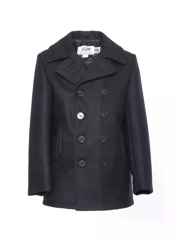 SCHOTT Double Breasted Wool Blend Coat - Blue