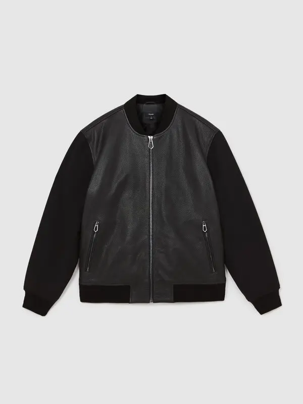 REISS Pearman Leather Contrast-sleeve Bomber Jacket - Black