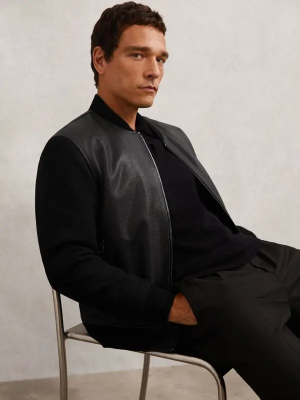 REISS Pearman Leather Contrast-sleeve Bomber Jacket