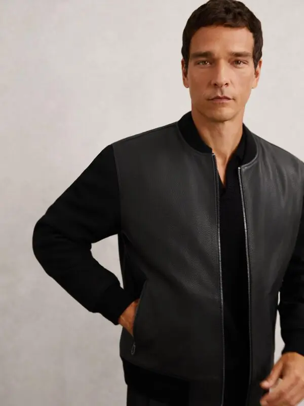 REISS Pearman Leather Contrast-sleeve Bomber Jacket